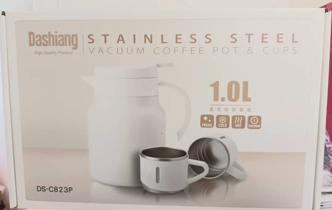 台灣現貨-全新贈品轉售-Dashiang 1公升真空咖啡壺組DS-C823P(一壼二杯)-304不鏽鋼內膽 保溫壼, 家具及居家用品, 廚具和餐具, 水杯、水壺在旋轉拍賣