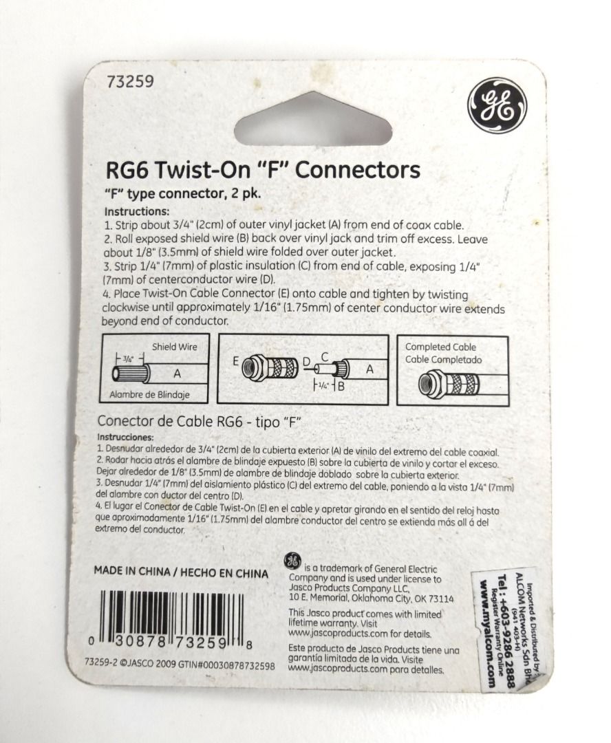 GE 73259 RG6 Connectors with F Type Connector, Weatherproof & Twist-On ...