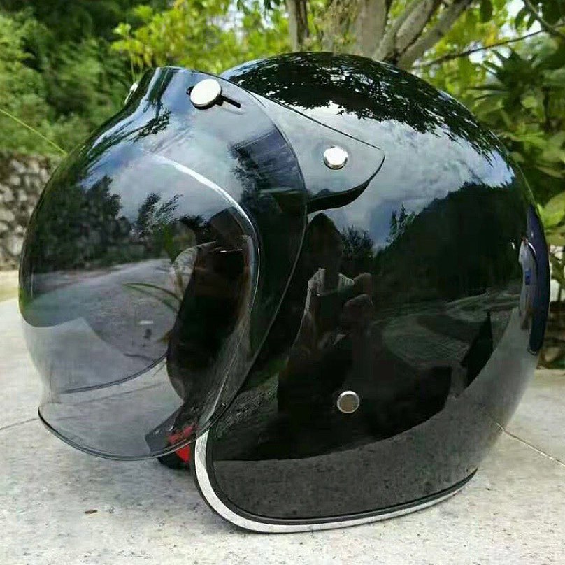 Gloss Black with Silver Lining Motorcycle Helmet Open Face Three Button ...