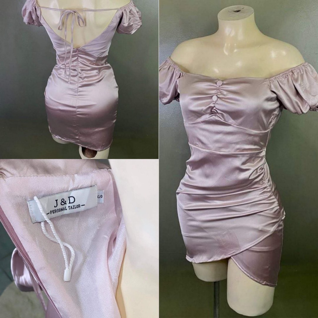 Slim satin rose gold right side pleated formal dress, Women's Fashion ...