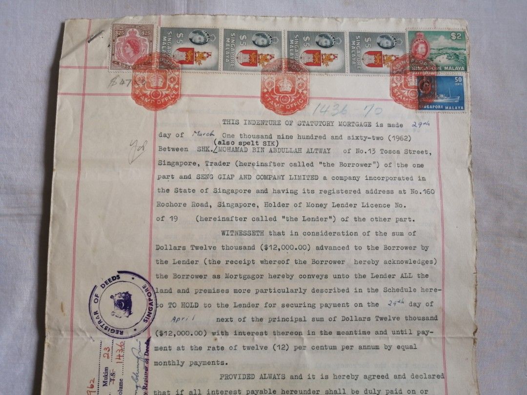 新加坡契約登記處文件 Singapore Registrar Of Dees This Indenture Document 1962 ...