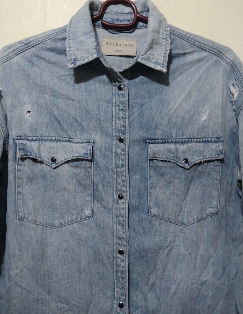 All Saints denim tattered polo long-sleeves, Men's Fashion, Tops & Sets ...