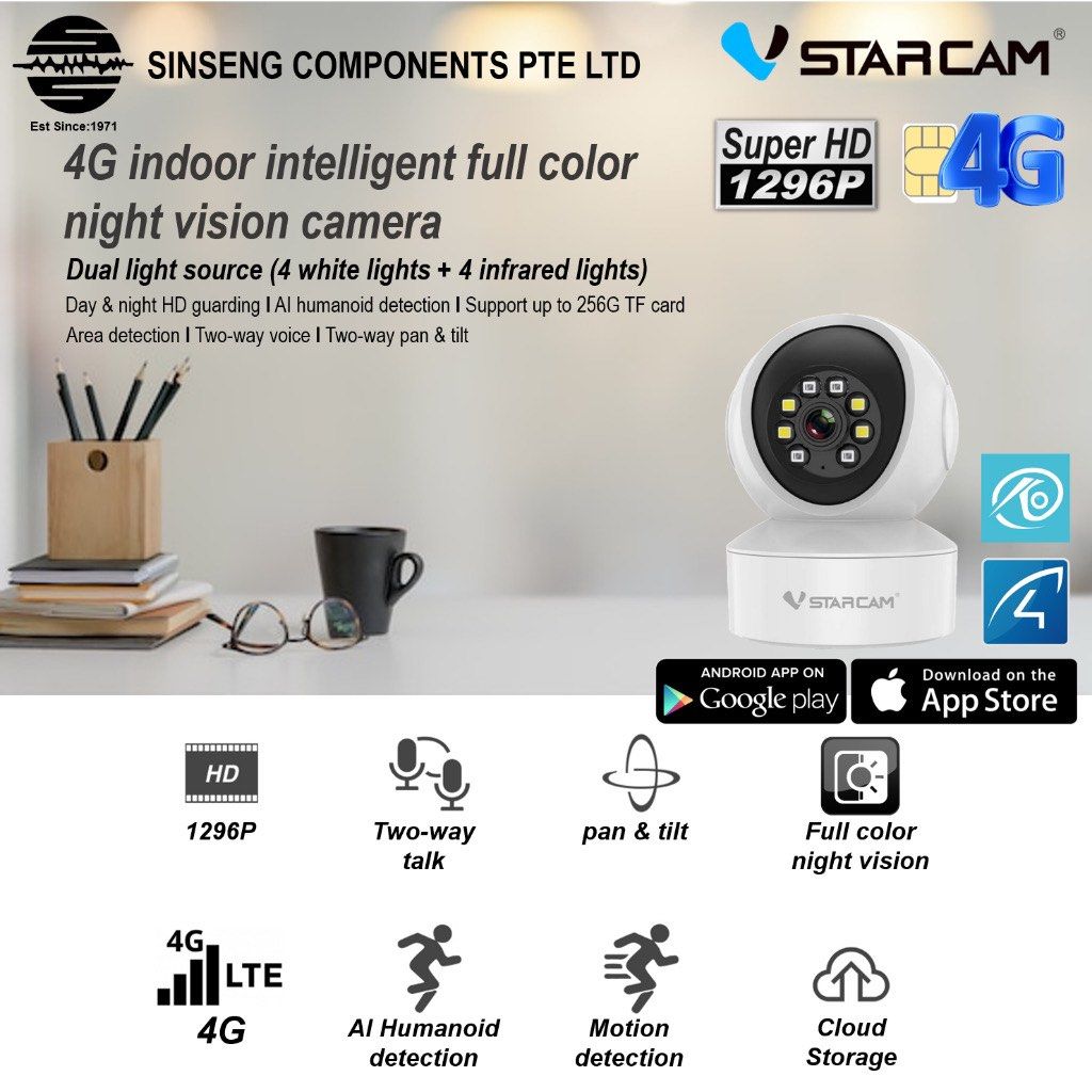 VStarcam 4G/5G Sim Card 24/7 Recording Color Night Vision AI Smart IP Camera (APP:Eye4/O-KAM Pro ...