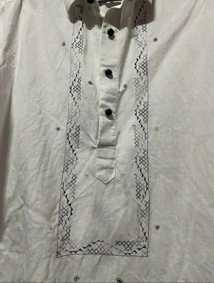 White Collared Short Sleeves Half-Button Emroidered Linen Barong ...
