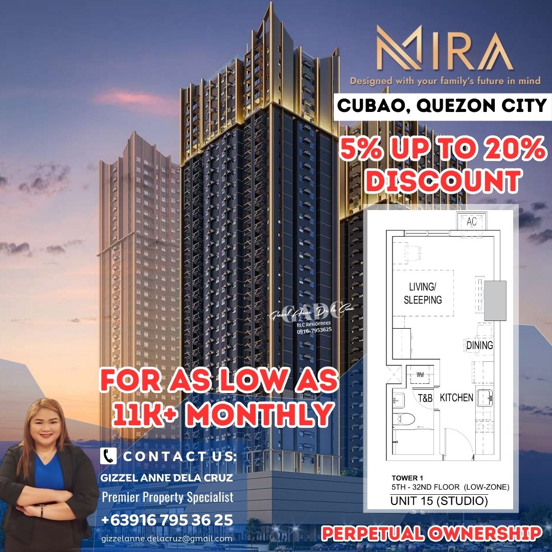 For Sale Condominium Studio Unit in Cubao QC at Mira Tower 1 by RLC ...