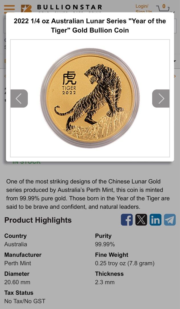 2022 1/4 oz Australian Lunar Series "Year of the Tiger" Gold Bullion ...