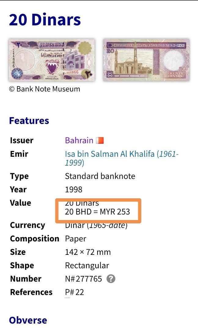 Bahrain 20=rm253, Hobbies & Toys, Collectibles & Memorabilia, Currency ...
