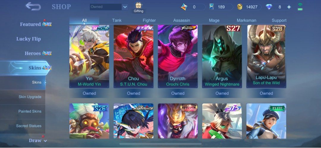 WTS/WTT MLBB account STUN chou aspirant ruby LEGEND franco Mworld yin ...