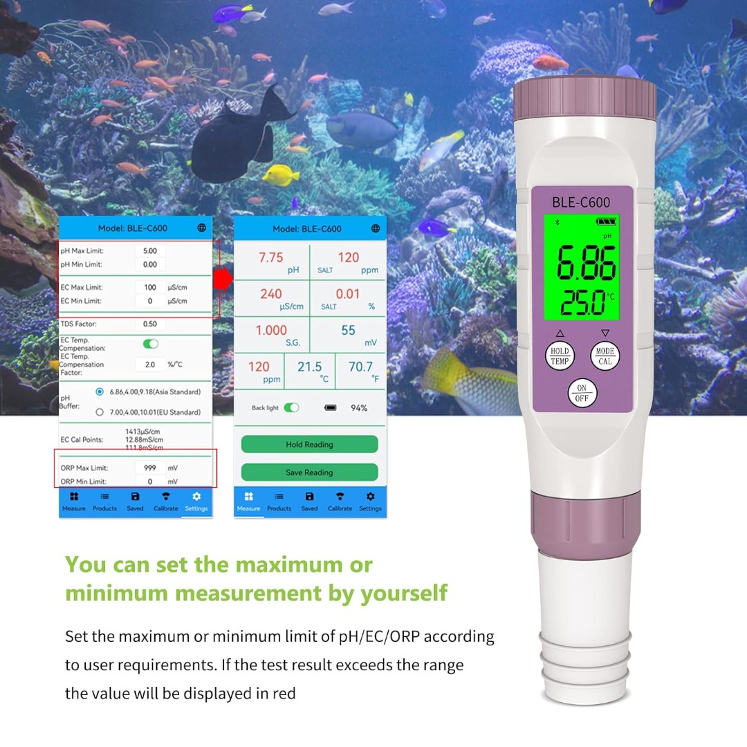 7 in 1 藍牙pH 計溫度計 鹽度計 PH Meter Digital 7 in 1 PH/TDS/EC/ORP/S.G/Salinity/Temp Meter with ATC, 0. ...