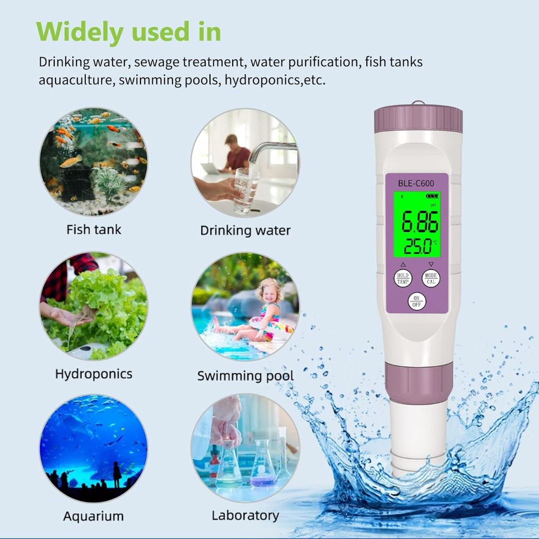 7 in 1 藍牙pH 計溫度計 鹽度計 PH Meter Digital 7 in 1 PH/TDS/EC/ORP/S.G/Salinity/Temp Meter with ATC, 0. ...