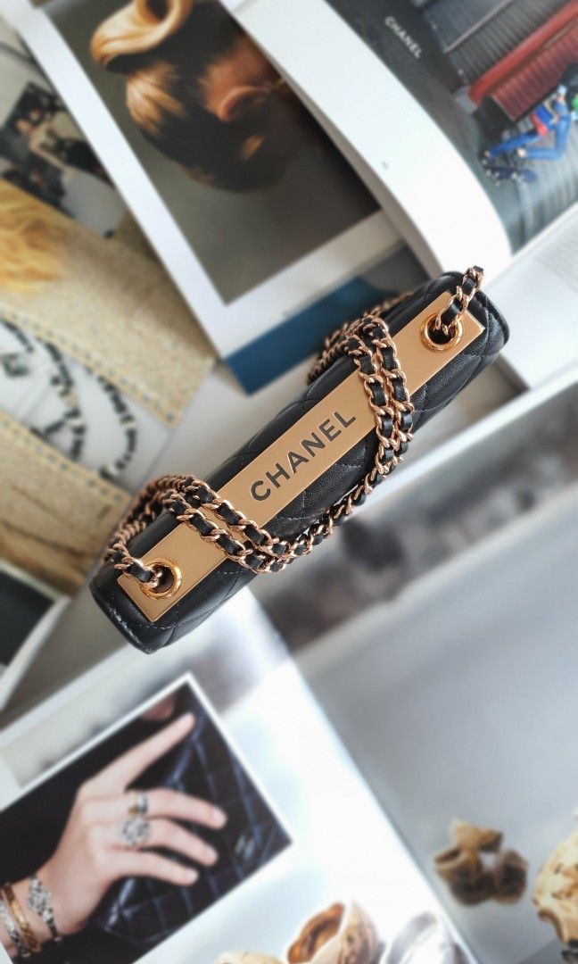 Authentic Cha nel CC Trendy Wallet On Chain Black Lamb ROSE GOLD ...