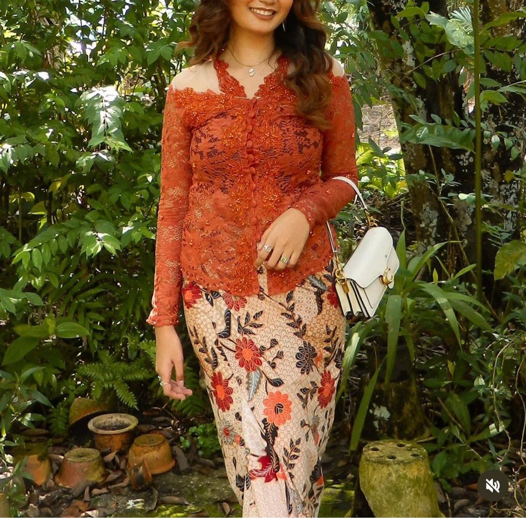 Brick Orange Beaded Lace Kebaya Top (from Indonesia), Women's Fashion ...