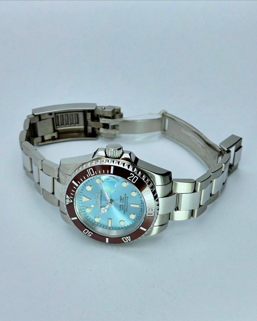 Custom Seiko Mod 40mm Platinum Ice Blue Brown Ceramic Bezel Submariner ...