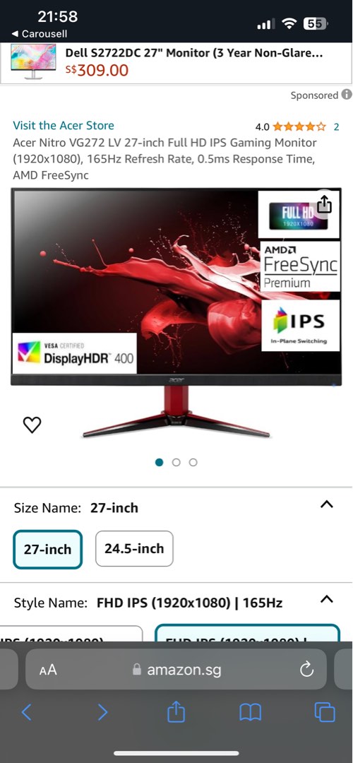 Acer Nitro VG272 LV 27-inch Full HD IPS Gaming Monitor (1920x1080 ...