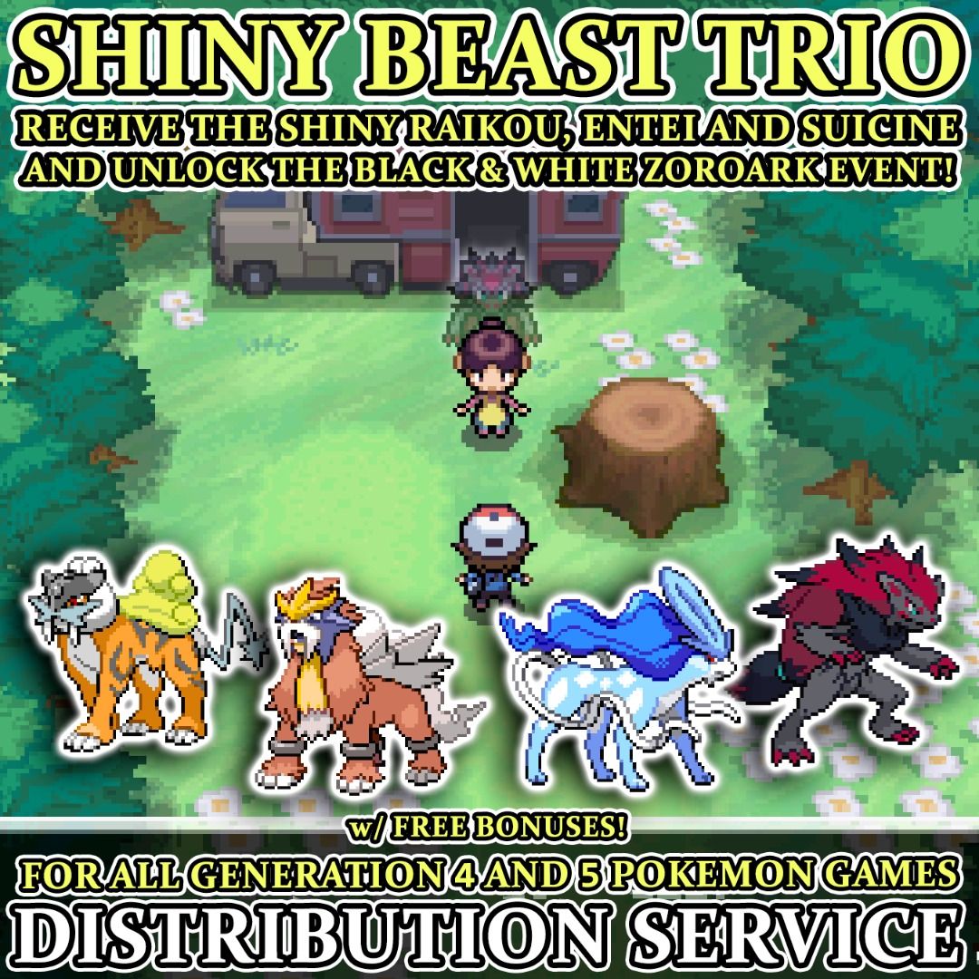 Shiny Raikou Entei Suicune Legendary Distribution | Zoroark event Black & White’s Lostlorn ...