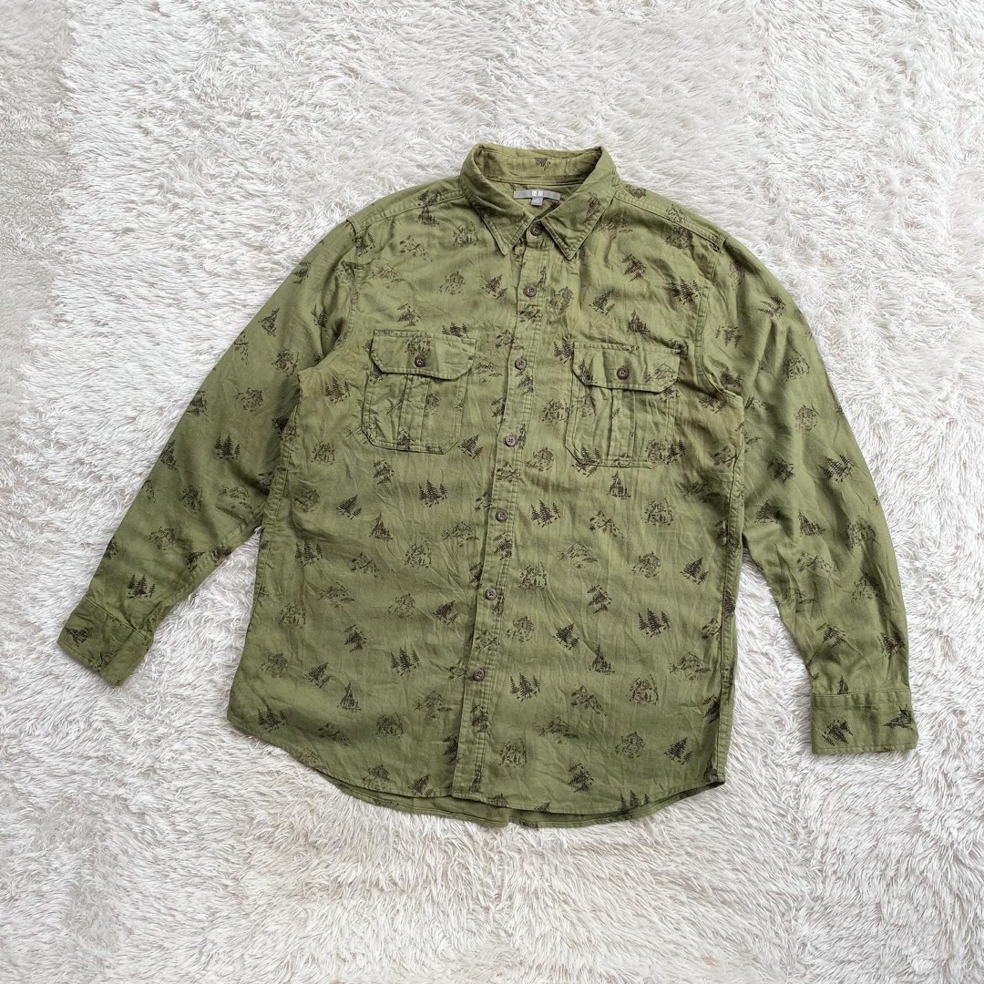 Uniqlo Kemeja Pattern Shirt Long Sleeve Olive Green, Fesyen Pria ...