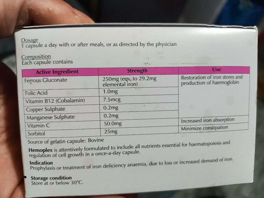 Hemoplex Ferrous Gluconate Compound (15 strips x 6 capsules) (Expiry ...