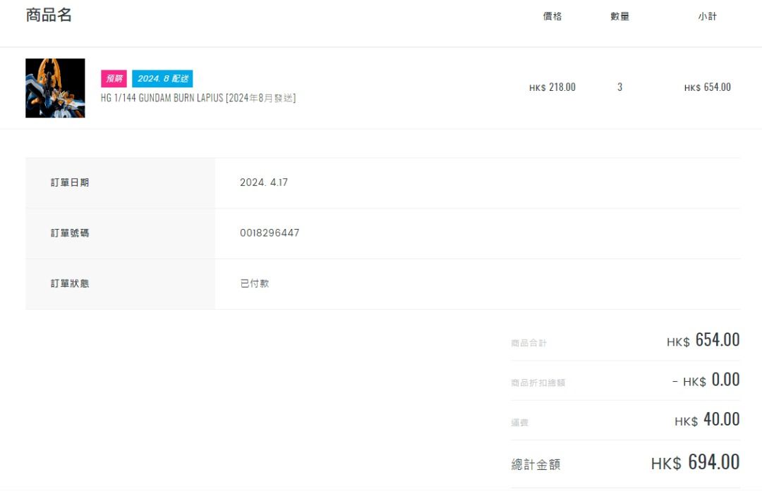 「預訂」剩一HG 1/144 GUNDAM BURN LAPIUS [2024年8月發送], 預購 - Carousell