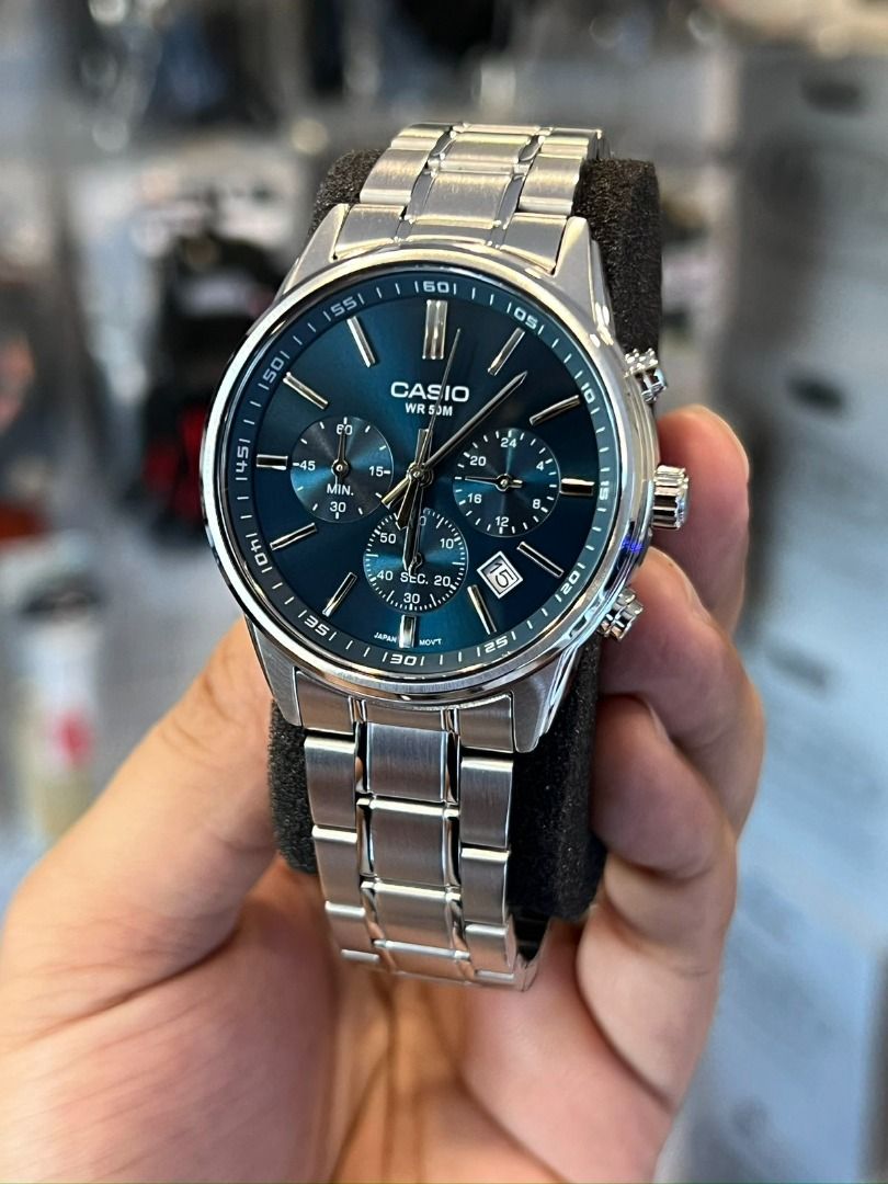 Original Casio Analog Chronograph Blue Dial Stainless Steel Mens Watch Mtp E515d 2a1 Luxury