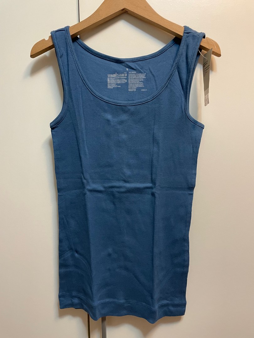 全新日本MUJI無印良品有機棉螺紋坦克背心-藍色 L號, 她的時尚, 上衣, 背心、無袖在旋轉拍賣
