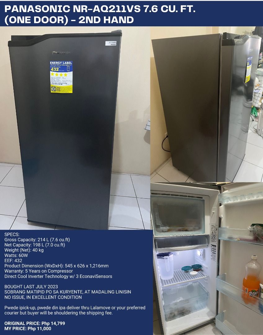 Panasonic Inverter Refrigerator NR-AQ211VS 7.6 cu. Ft. (One Door) - 2nd HAND, TV & Home ...