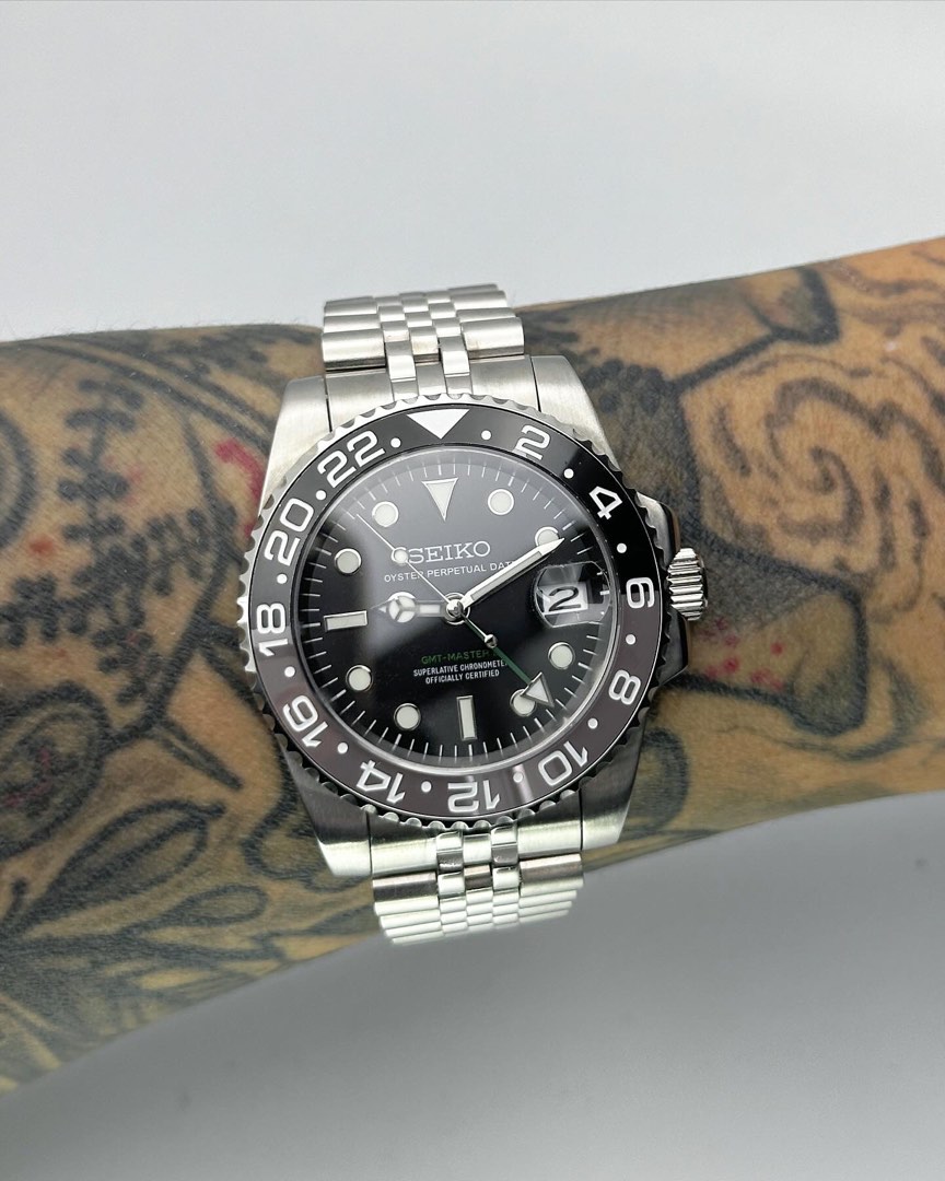 Custom Seiko Mod 40mm Bruce Wayne Grey Black GMT Automatic Watch, Men's ...