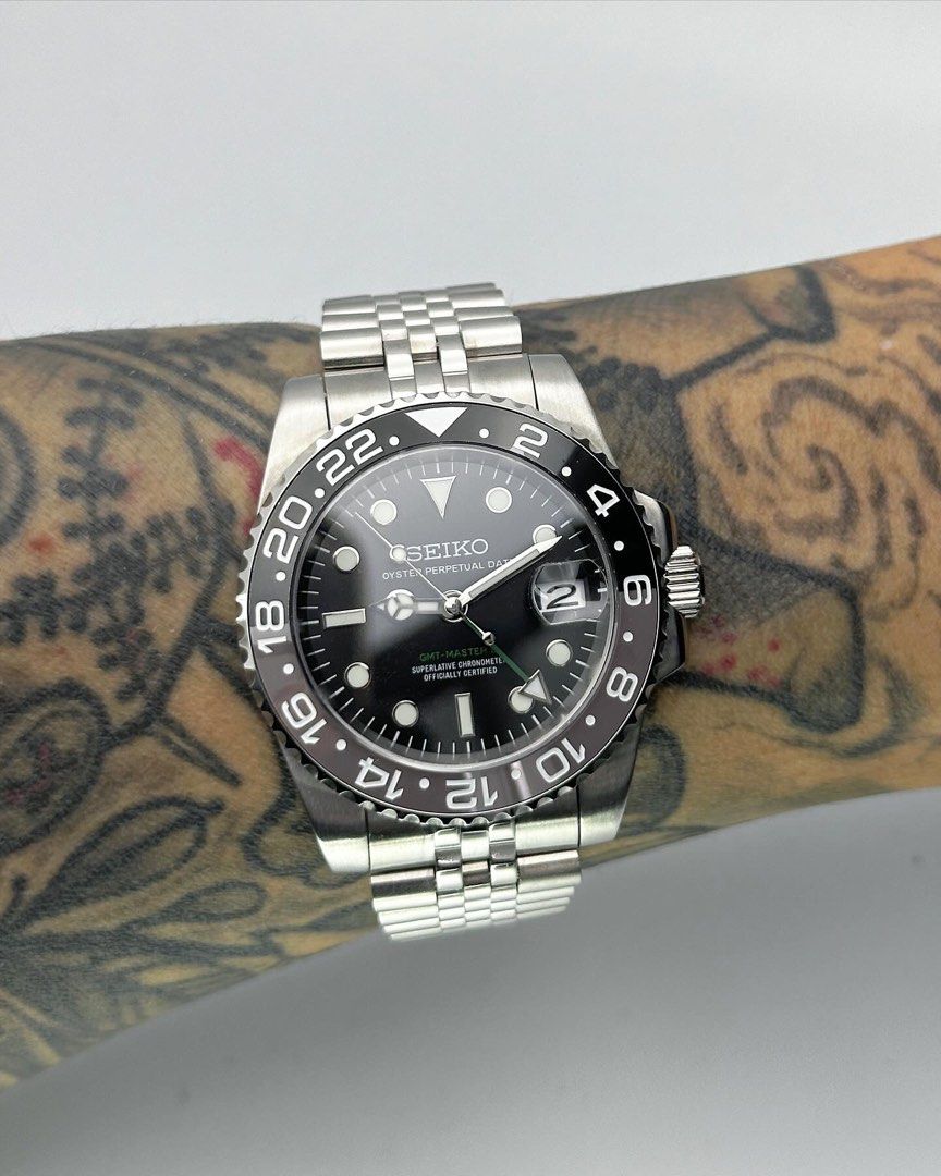 Custom Seiko Mod 40mm Bruce Wayne Grey Black GMT Automatic Watch, Men's ...