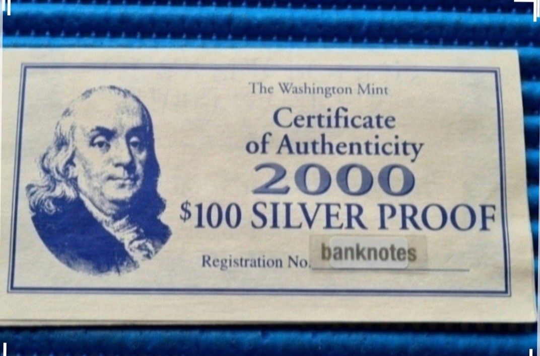 2000 United States US $100 Franklin Quarter Pound Silver Proof Note ...