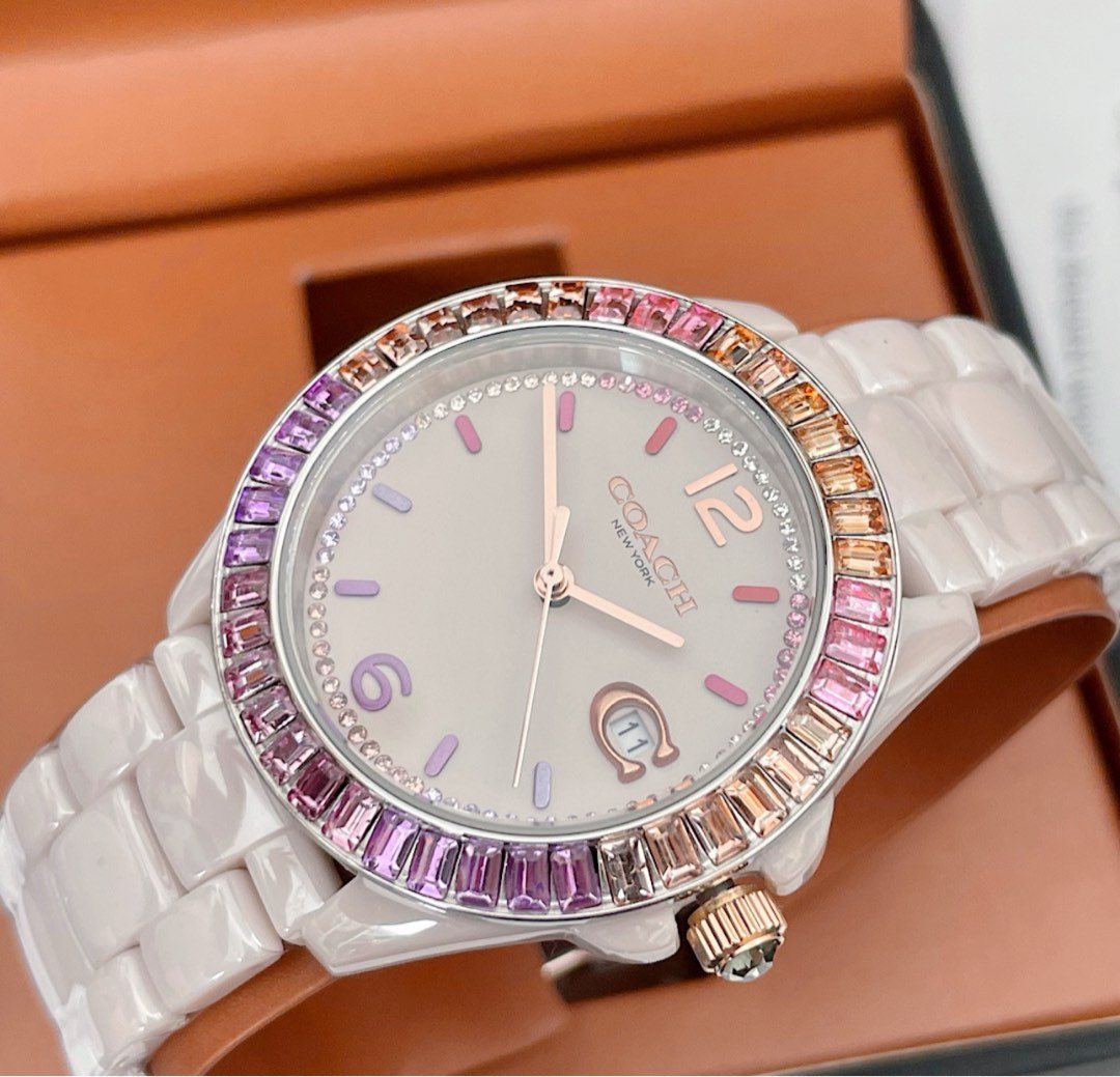 COACH Grayson 彩虹晶鑽 粉色陶瓷女錶 14504020, 她的時尚, 手錶及配件, 手錶在旋轉拍賣