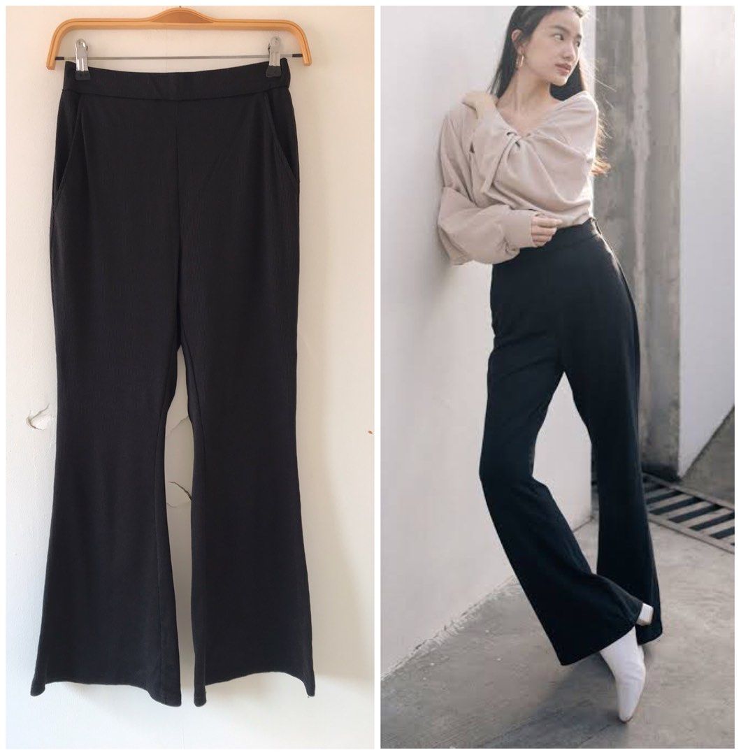 GU By Uniqlo Flare Cutbray Ribbet Strecht In Super Black, Fesyen Wanita ...
