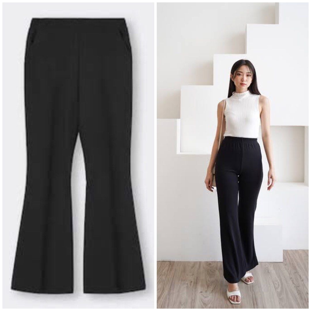 Gu by Uniqlo Highwaist Cutbray Flare Pants In Super Black, Fesyen ...