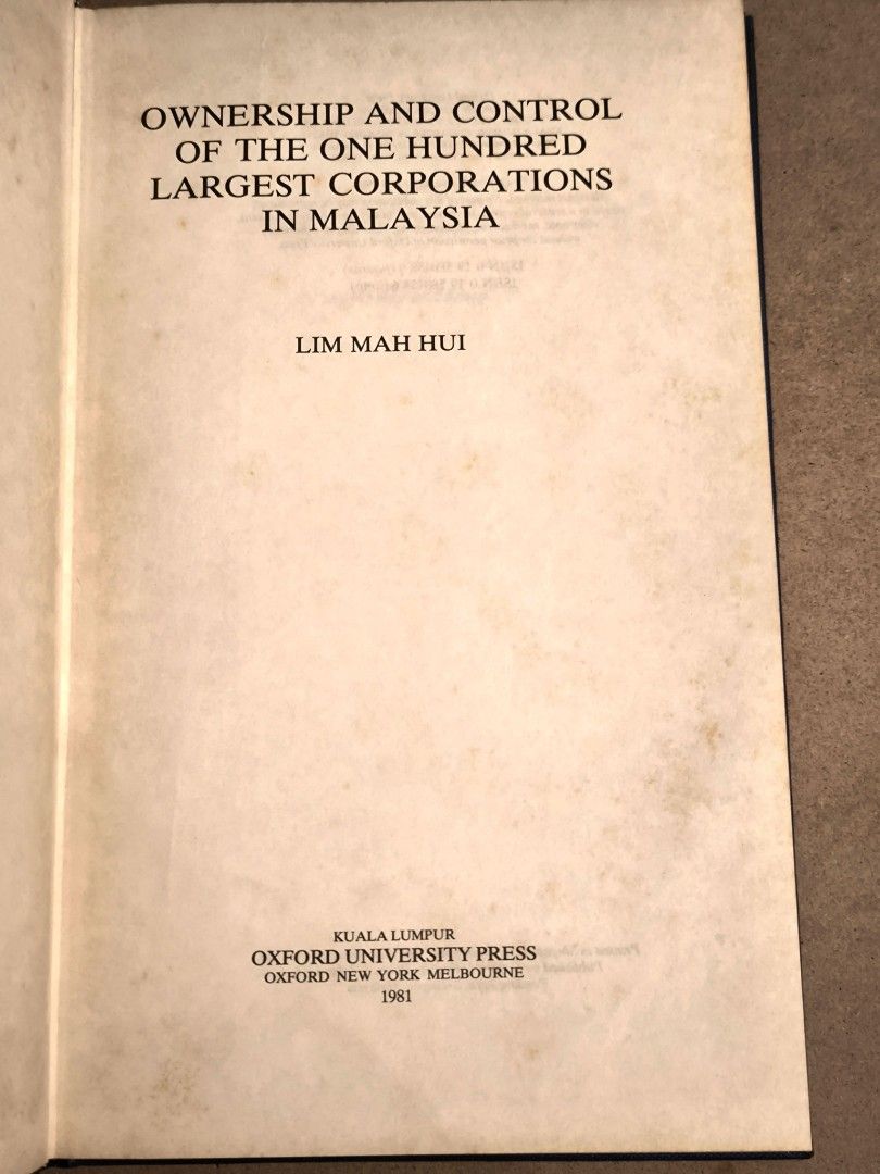 Ownership and control of the one hundred arhest corporation in malaysia book by Lim Mah Hui ...