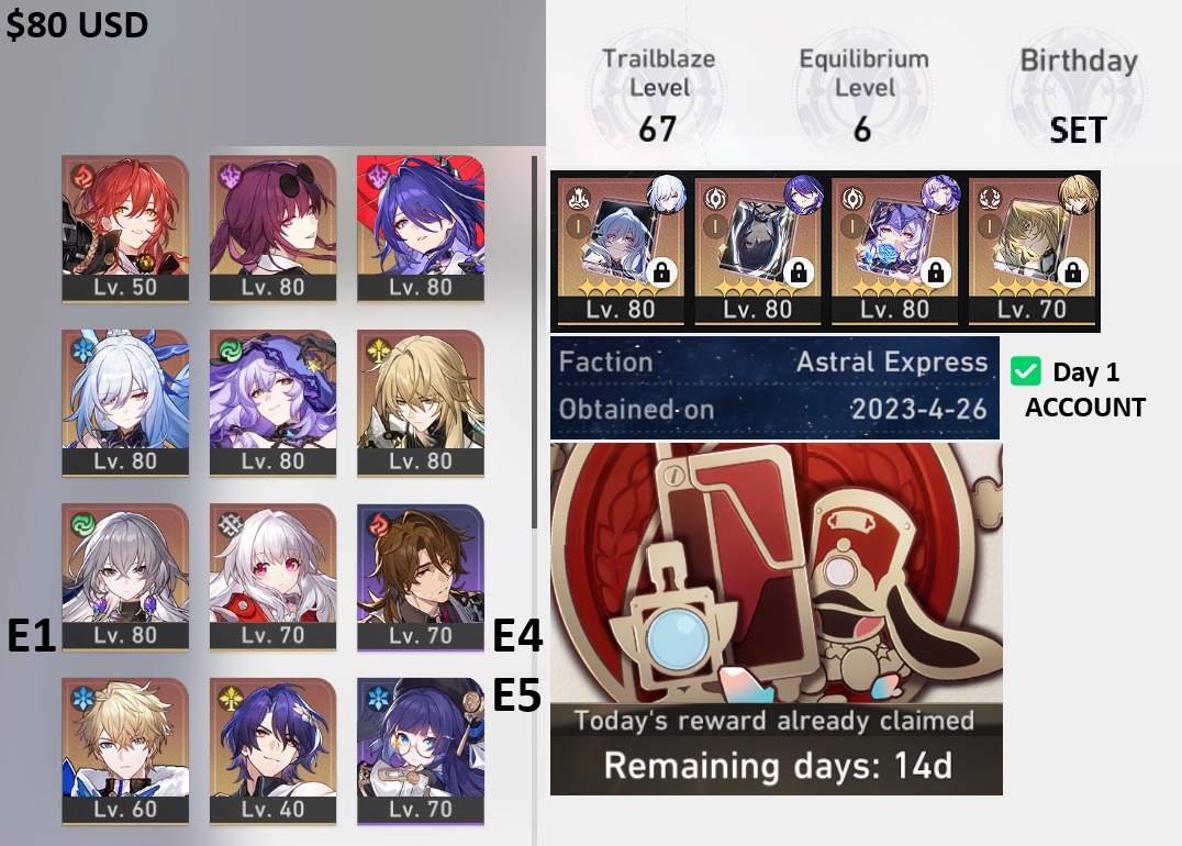 $80 / 4500 php ASIA TL 67 - E0S1 ACHERON + E0S1 JINGLIU + E0S1 ...