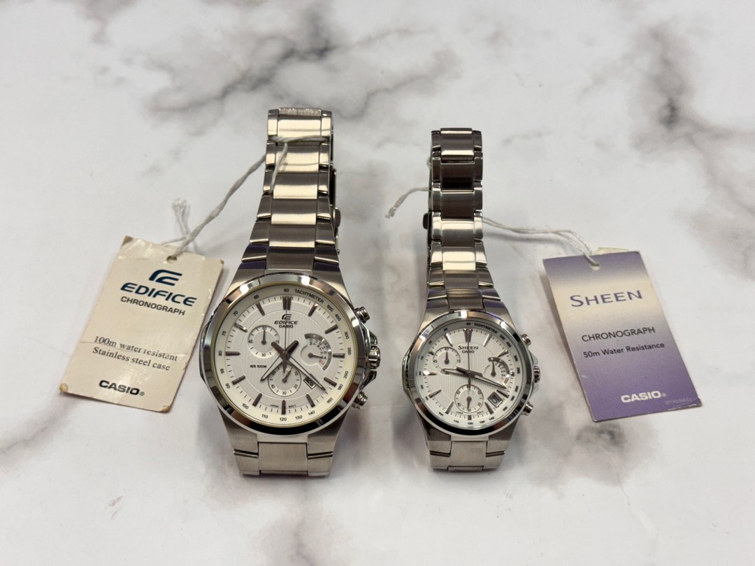 旺角實體店Casio Edifice SHEEN 白色情侶對錶 EFR-500D-7A SHE-5019D-7A 有100米防水,有計時,日曆 ...