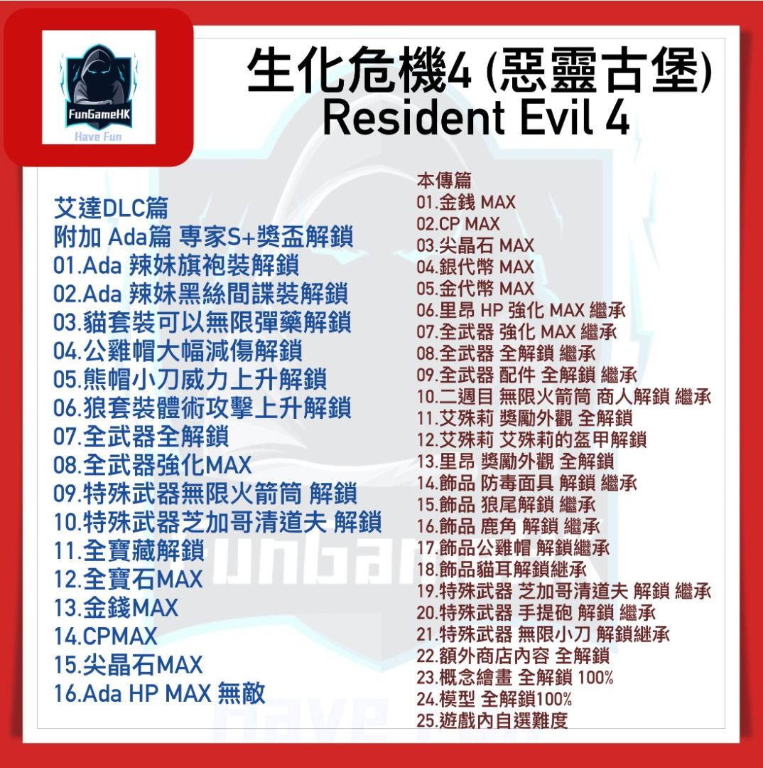 [生化危機4 惡靈古堡 4] (包含DLC艾達篇) 800好評商店 PS4 PS5 惡靈古堡 4 重製版 存檔 修改 金錢 CP 無限彈藥 白金 獎盃 Resident Evil 4 生化危機 ...