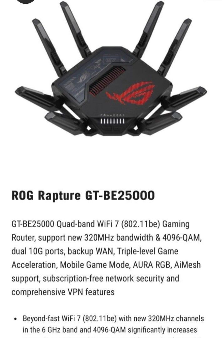 Asus ROG GT-BE98 BE25000 Quad Band Dual 10G Super Fast WiFi 7 Router ...