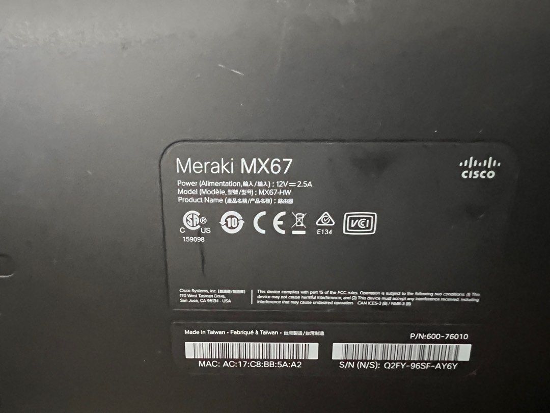 Cisco Meraki MX67 Firewall, Computers & Tech, Parts & Accessories ...
