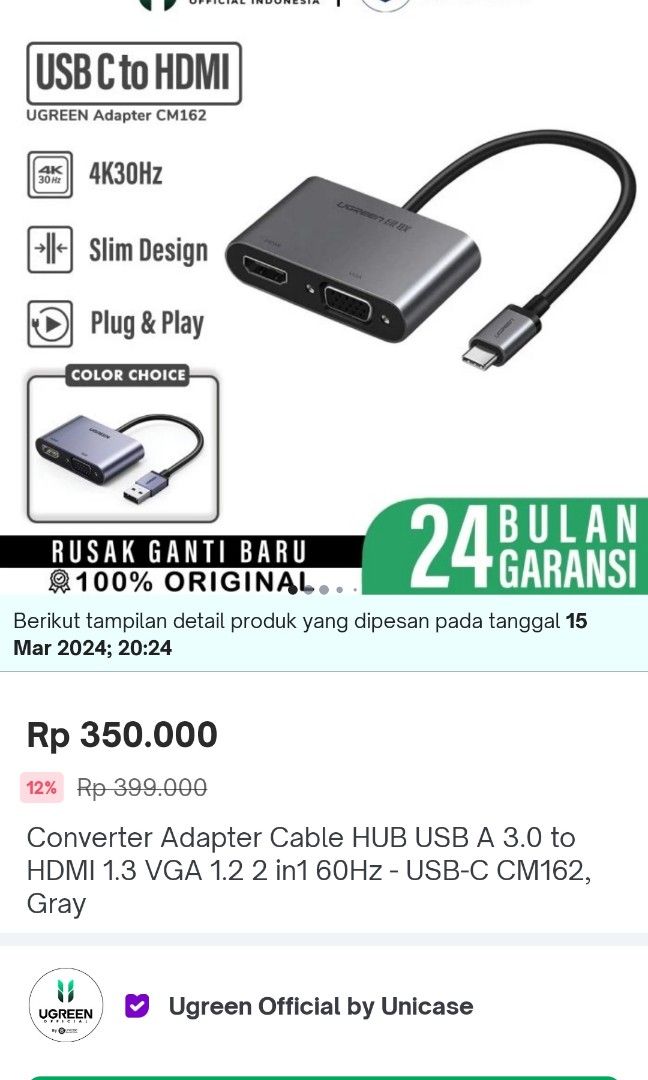 Ugreen Converter Adapter Cable HUB USB A 3.0 to HDMI 1.3 VGA 1.2 2in1, Elektronik, Bagian ...