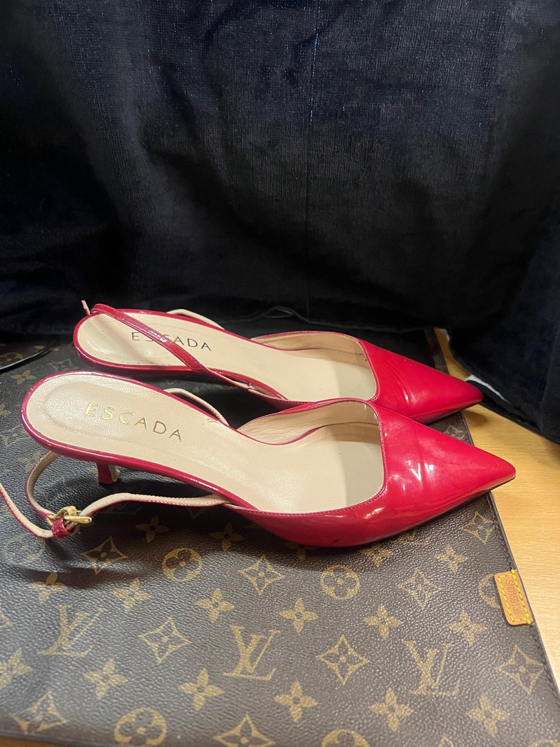 Escada Red Patent Leather Slingback Kitten Heels, Women's Fashion ...