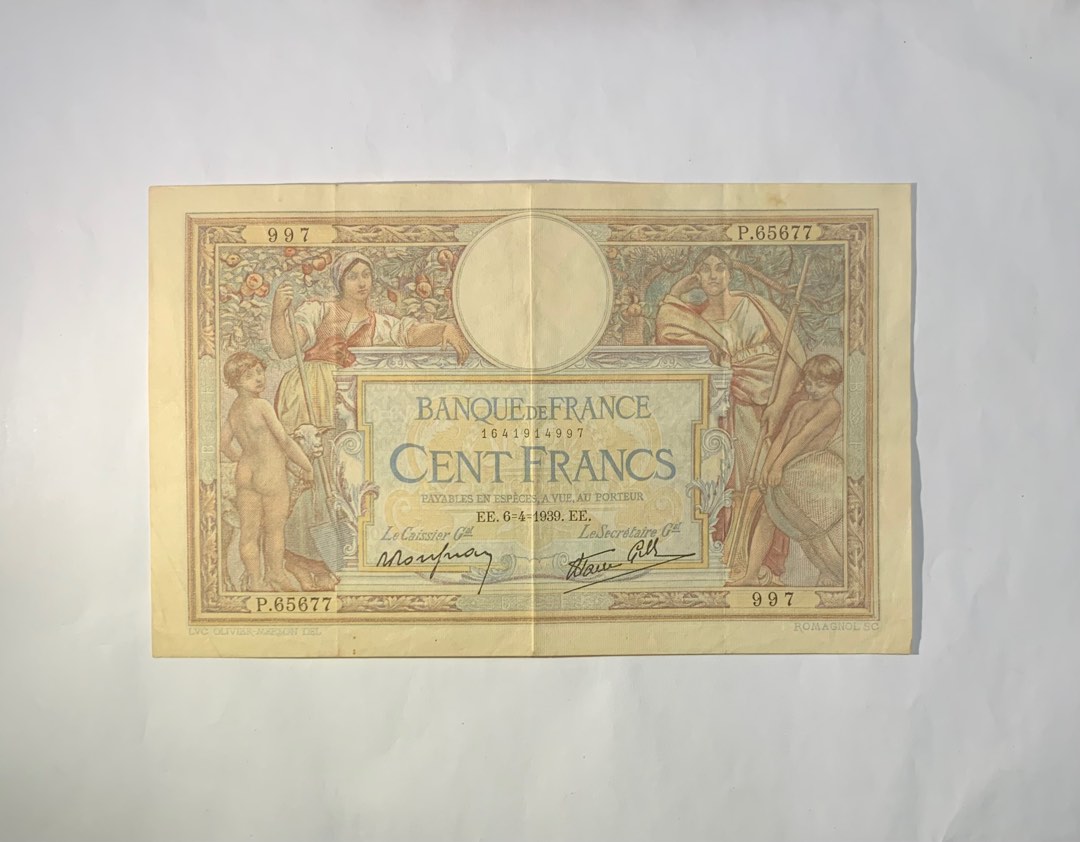 1939 France 100 Francs old original inter-war currency banknote, Hobbies & Toys, Memorabilia ...