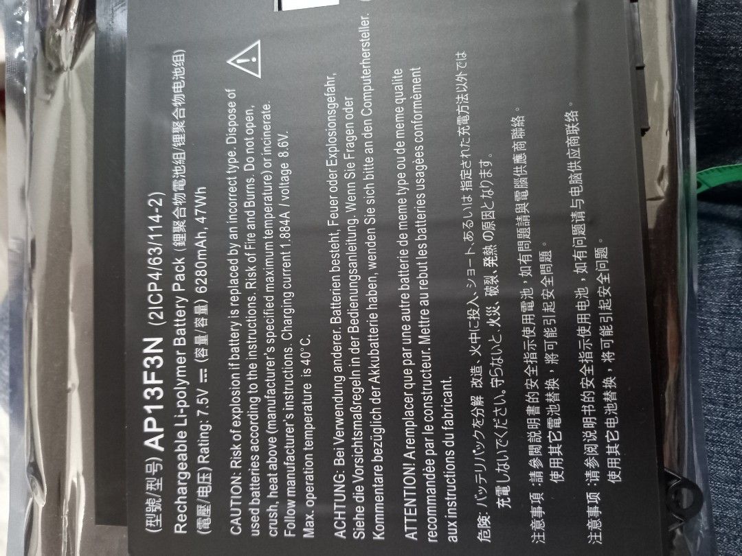 ACER BATTERY RECHARGEABLE AP13F3N (21CP4/63/114-2), Computers & Tech ...