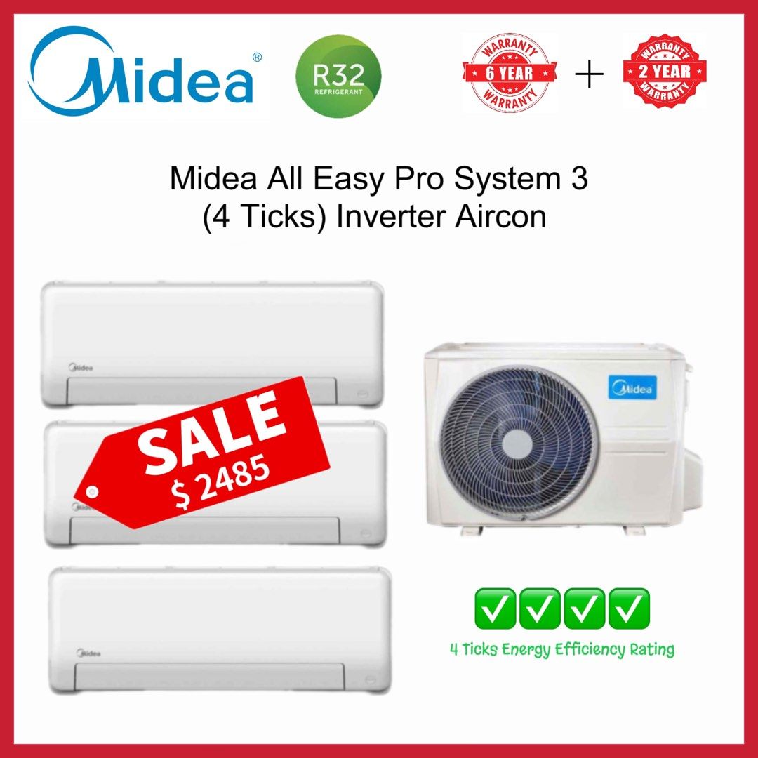 Midea System 3 (4 Ticks) All Easy Pro + Full installation, TV & Home Appliances, Air ...