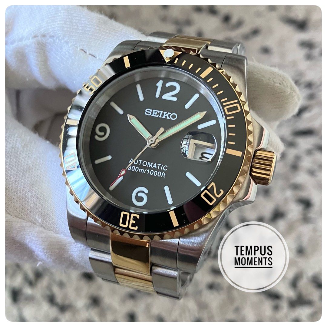 Steel & Gold Black Arabic Numerals automatic watch - Seiko mod Sub, Men ...