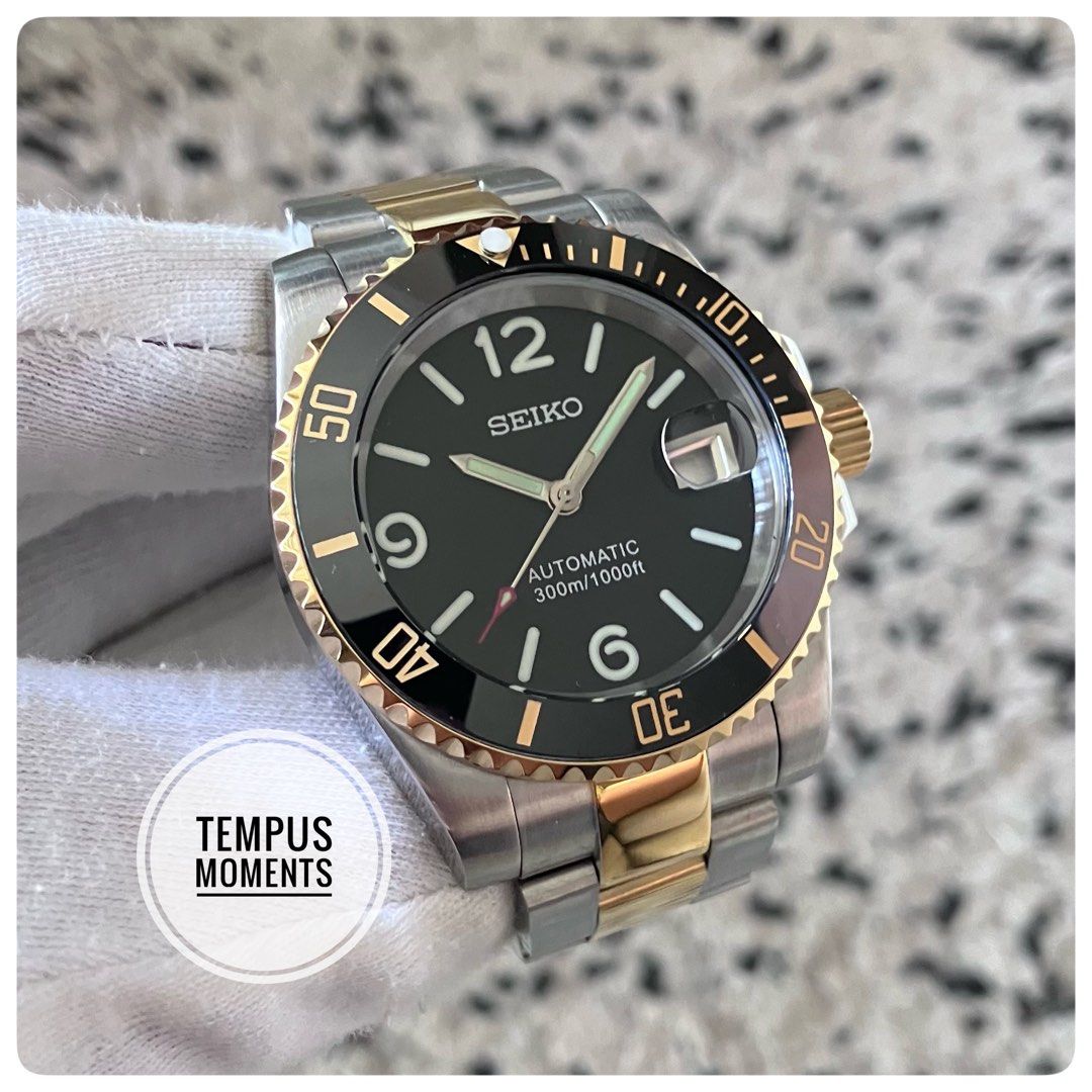 Steel & Gold Black Arabic Numerals automatic watch - Seiko mod Sub, Men ...
