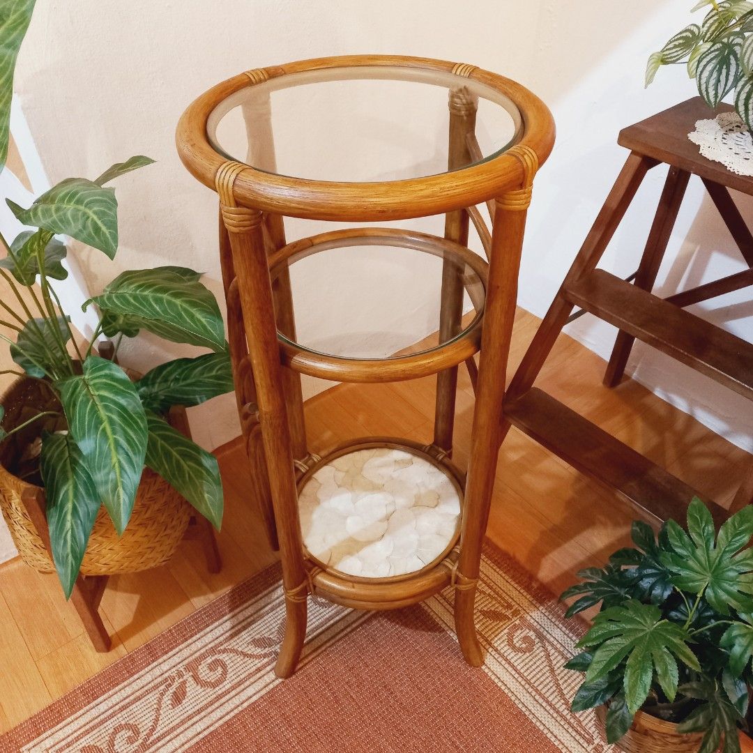 Vintage 3 tier round rattan glass capiz rack shelf pedestal vase stand ...
