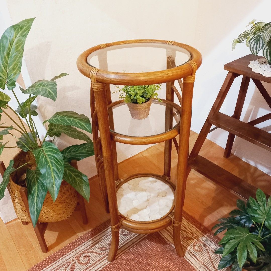 Vintage 3 tier round rattan glass capiz rack shelf pedestal vase stand ...