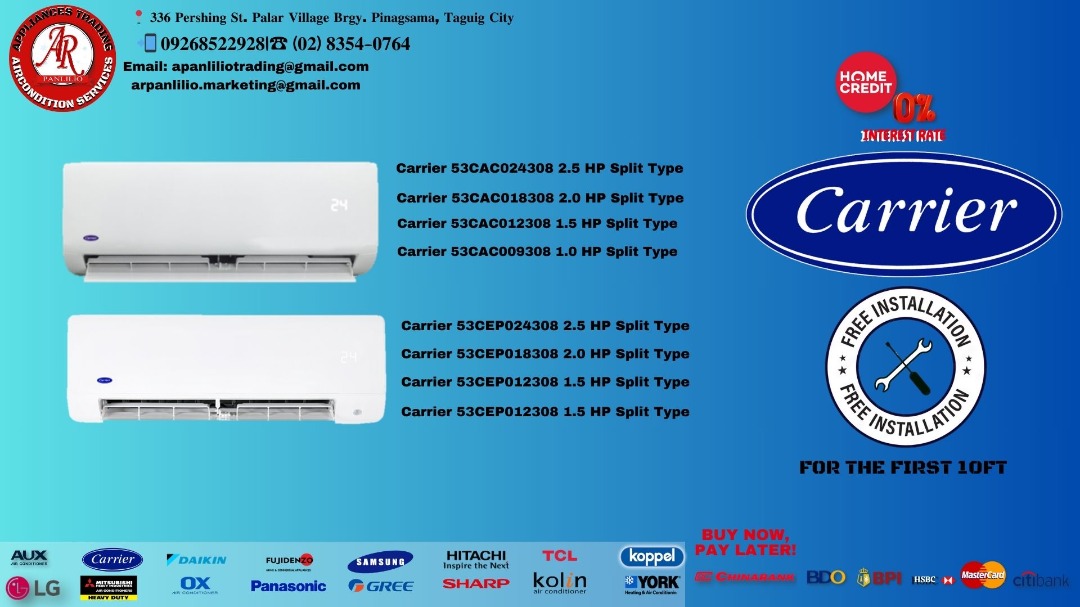 CARRIER SPLIT TYPE AIR CONDITIONER / AR PANLILIO TRADING, TV & Home ...
