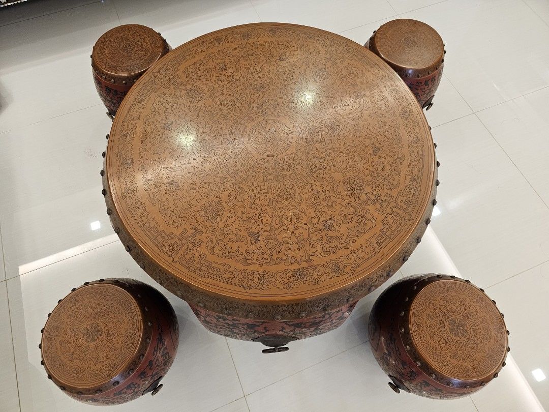 Chinese Asia drum table beautiful lotus pattern design vintage rare ...