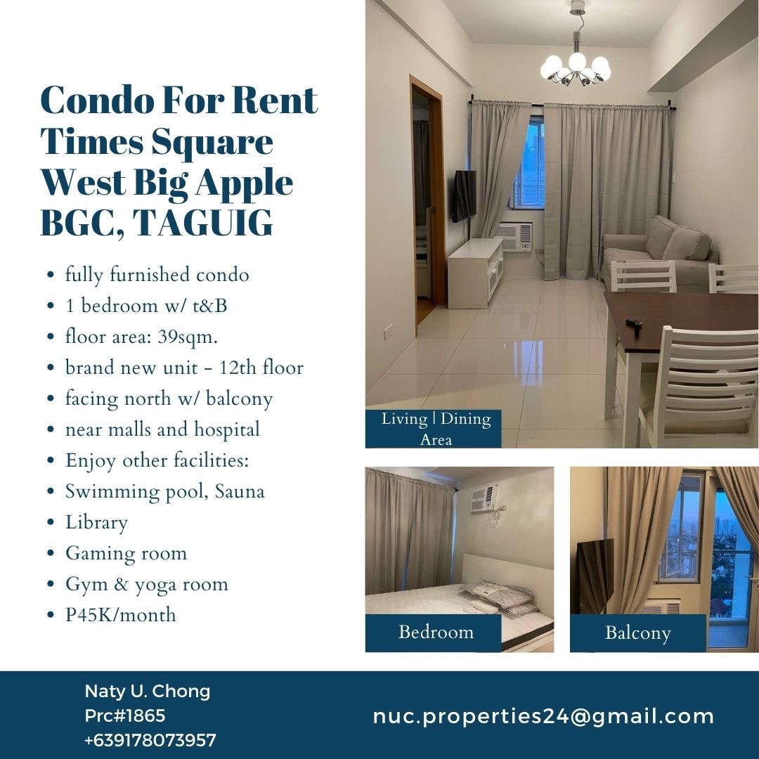 CONDO FOR RENT : Times Square West Big Apple Taguig BGC, Fort Bonifacio, Property, Rentals ...