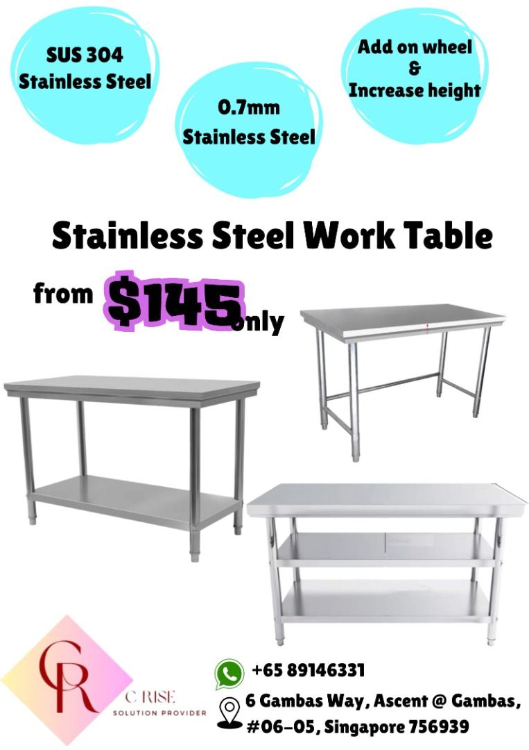SUS 304 Stainless Steel Commercial Work Table, Furniture & Home Living ...
